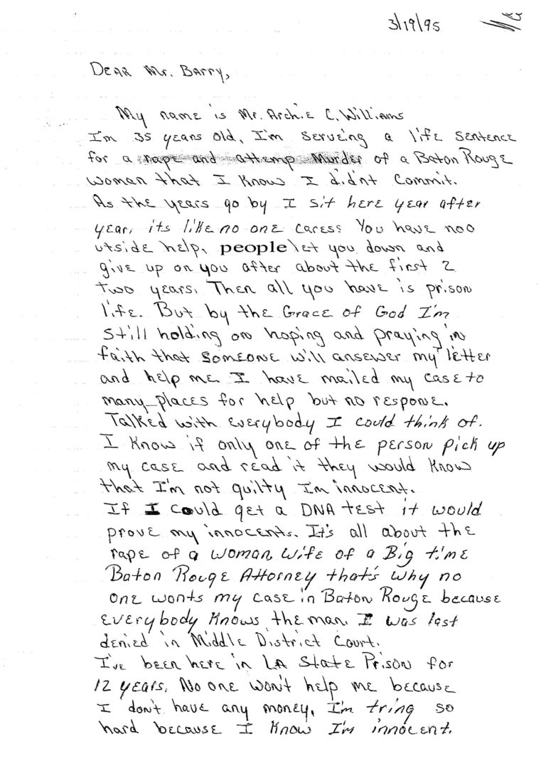 Archie Williams' Heartbreaking Letter to Barry Scheck: "It’s like no ...