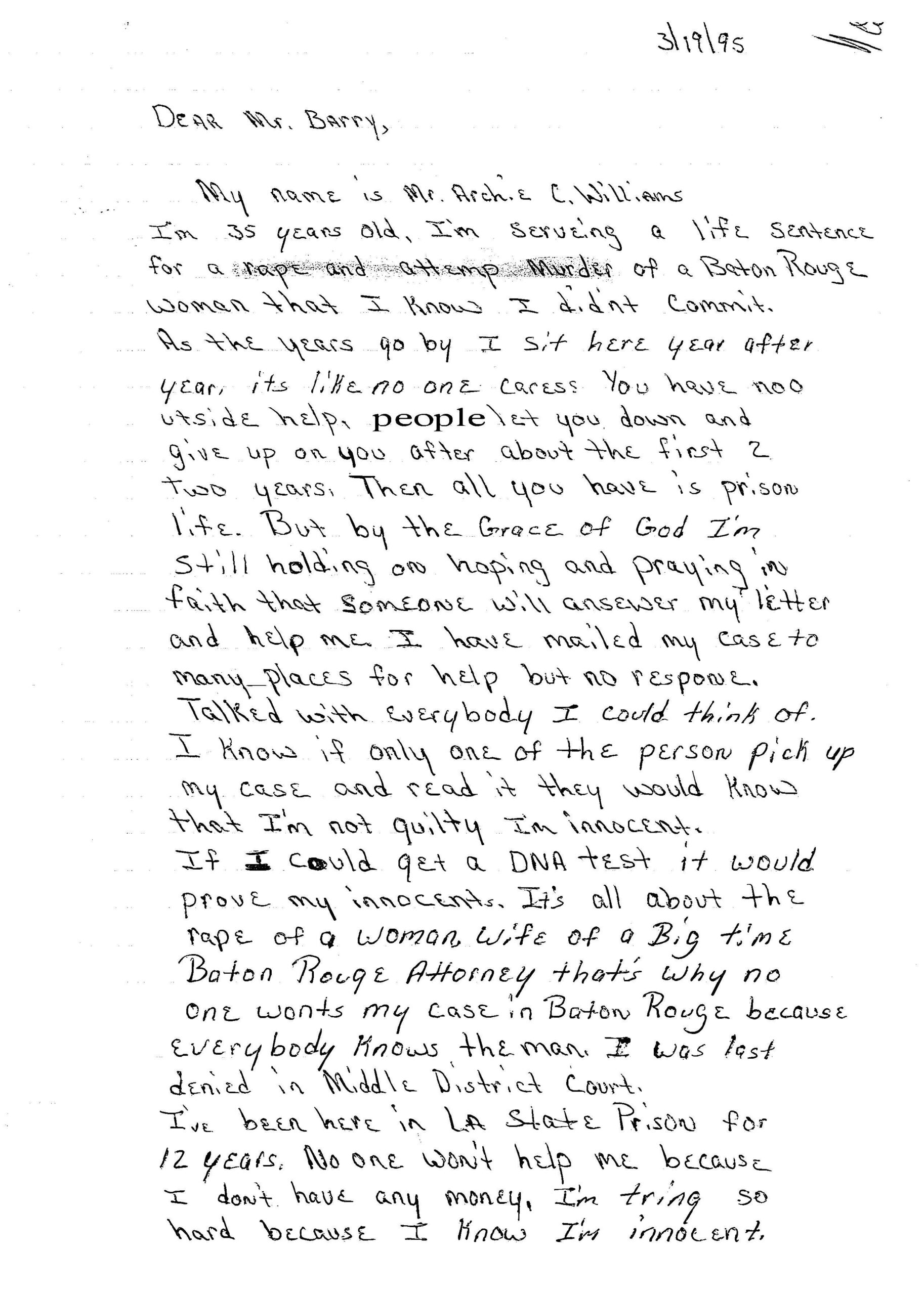 Archie Williams' Heartbreaking Letter to Barry Scheck: "It’s like no ...